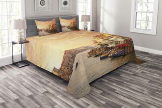 Abakuhaus Landschaft Tagesdecke Set, Italienisch Venezia Bild, Set mit Kissenbez&uuml;gen Mit Digitaldruck, f&uuml;r Doppelbetten 220 x 220 cm, Mehrfarbig