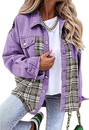 TOMWELL Veste en Jean Femme Manches Longues Vintage Oversize Denim Jacket Automne avec Boutons et Poches Manteau en Jean Couleur Solide Streetwear C Violet L