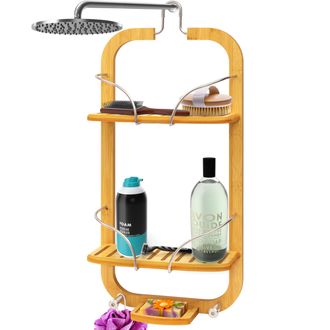 SereneLife Duschablage zum Hängen, Shampoo Halterung für Dusche aus Bambus, Duschregal ohne Boren, 3-stöckig Duschkorb zum Hängen, Hängeregal Bad mit 62.5cmH, Du