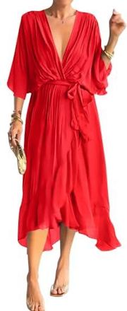 Onsoyours Femmes Robe en Mousseline De Soie Robes Formelles Robe De Cocktail Élégante avec Superposition D Rouge XXL