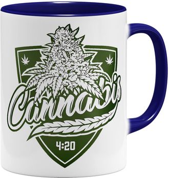 OM3 Cannabis 4:20 Kaffee-Tasse Hanfblatt Motiv - Lustige Kiffer Chiller - Keramik Becher - 325ml - Beidseitig Bedruckt - Dunkelblau