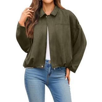 Onsoyours Blouson Faux Suede Femme Zipp&eacute;e Courte Bomber Veste Mi Saison Chic Elegant Blousons Automne Winter A Vert Arm&eacute;e M