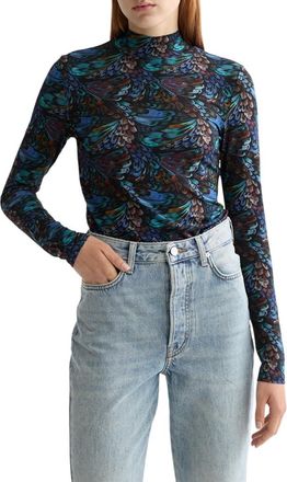 Scotch & Soda Lang&auml;rmeliges T-Shirt mit Stehkragen und durchgehendem Druck, Fasan U023, XS