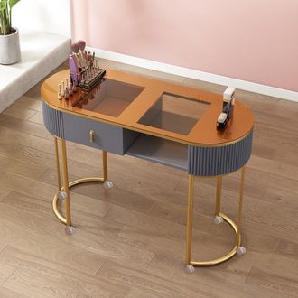 Generic Manicure Table Station Modern Nail Tech with Drawers and Shelves Professional Wooden Nail Desk for Beauty Salon Spa Locking Castors Glass Top Artist H