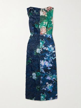 Erdem Midikleid Aus Satin In Knitteroptik Mit Blumenprint Und Fransen - Blau