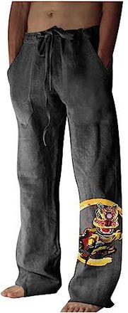 Generic Pantalon en lin pour hommes respirant : pantalon d&eacute;t&eacute; avec imprim&eacute; pantalon de plage avec taille &eacute;lastique pantalon de loisirs jambe droite pantalon &agrave;