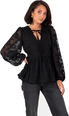 Lovedrobe Womens Floral Top Ladies Blouse Long Balloon Sleeve V-Neckline Peplum Chiffon Tie Front Smart Casual Office Wear, Noir 54