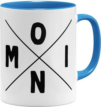OM3 Moin Kaffee-Tasse FrühstücksKaffee-Tasse Guten Morgen Nordisch Norddeutsch | Keramik Becher | 11oz 325ml | Beidseitig Bedruckt | Hellblau
