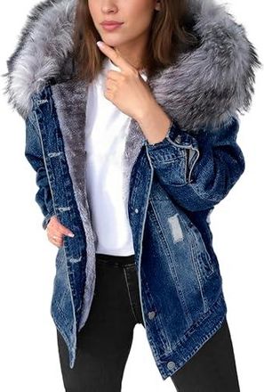 Generic Veste en jean &agrave; capuche en fausse fourrure pour femme avec doublure Sherpa chaude et d&eacute;contract&eacute;e, noir fonc&eacute;, 3XL