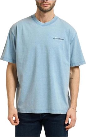 Guess Homme, Tops, Bleu, Taille: M T-shirt en coton d&eacute;lav&eacute; avec imprim&eacute; au dos