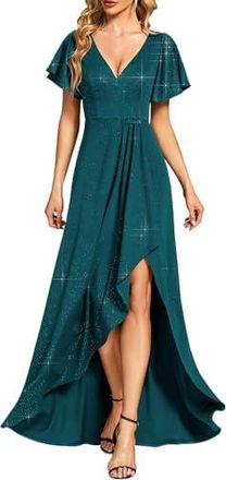 Ever-pretty Robe dInvité de Mariage Femme Brillante Asymétrique A Line Col V Manches Volantées Bleu Sarcelle 38
