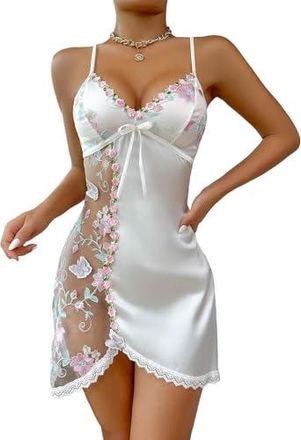 Generic Maille Florale Broderie Dentelle Garniture Chemise Transparente Robes de Nuit Nuisette Robe en Satin (Blanc,S)