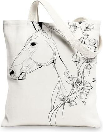 Generic Sacs fourre-tout en toile motif cheval artistique, sacs à provisions réutilisables, légers et lavables avec bandoulière en toile B, blanc, 13x15 Inch