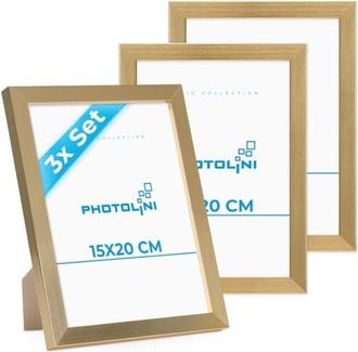 Photolini Cadre 15 x 20 bois MDF dor&eacute;, lot de 3 cadres photo pour posters et affiches, verre acrylique incassable, d&eacute;coration murale &agrave; suspendre & &agrave; poser, avec