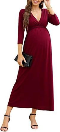 KOJOOIN Robe de maternité pour Femme col en V Longue Robe dallaitement Manches 3/4 décontracté plissé, Vin Rouge(Manches 3/4), XL