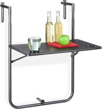 Relaxdays Balkonh&auml;ngetisch klappbar, 3-Fach h&ouml;henverstellbar, Tischplatte in Holz-Optik B x T: 59,5 x 36 cm, schwarz
