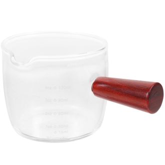 NUOBESTY Hitzebeständiger Glas espressobecher mit Holzgriff Milchkrug mit Skala Multifunktionaler Doppel auslauf Messbecher für Kaffee Latte Milchschaum Geeign