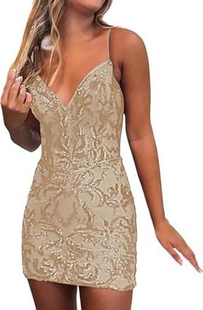 Generico Robes de fête pour femme avec fines bretelles et paillettes Robe en tulle pour la rentrée à la maison Robe courte sans dos en ligne A Mini robe à pail