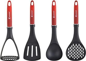 Bergner Classique | 4er-Set Küchenutensilien mit Spatel, Schaumlöffel, Schöpflöffel und Kartoffelpresse | Mit grünem Griff | Stabile Utensilien | Mit Aufhänge