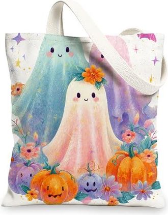 Generic Sacs fourre-tout en toile avec motif dHalloween coloré, sacs dépicerie réutilisables, légers et lavables avec bandoulière pour salle de sport, voyage,