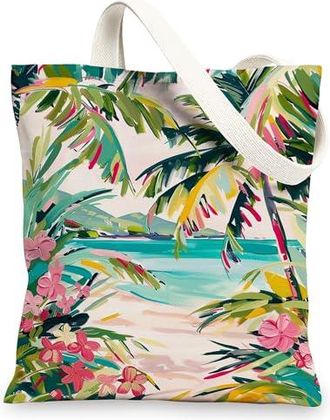 Generic Sacs fourre-tout en toile tropicale, motif floral coloré et feuilles, sacs de courses réutilisables, légers, lavables et respectueux de lenvironnement