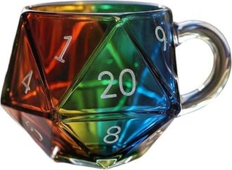 Generic Rainbow D20 - Tasse &agrave; caf&eacute; en forme de d&eacute;s poly&eacute;driques avec poign&eacute;e, en verre c&ocirc;tel&eacute; avec cuill&egrave;re, tasse en verre &agrave; d&eacute;s poly&eacute;driques &agrave; 20 c&ocirc;t&eacute;s, tas