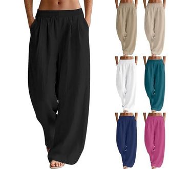 Generic Pantalon d&eacute;t&eacute; en lin pour femme - Pantalon long et droit - Pantalon en lin &eacute;lastique - Taille haute - Pantalon de loisirs - Couleur unie - Confortable