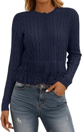 Generico Cardigan élégant en tricot à franges pour femme avec col rond doux, conçu comme vêtement léger à porter au quotidien, Noir, Taille Unique