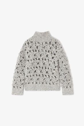 Ganni Grauer H&auml;kelpullover mit Blumen grau