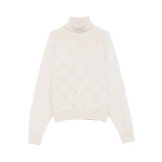 PESERICO Femme, Pulls, Blanc, Taille: 38 FR Pull Beige en Laine à Motif Diamant et Col Roulé
