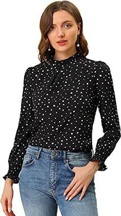 Allegra K Femme Haut Chemisier Impression Floral Manches Longues Col Volanté Noir à Pois S