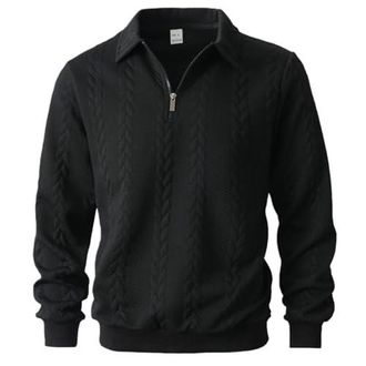 Generic Pull &agrave; fermeture &eacute;clair pour homme, manches longues, col montant, manches longues, d&eacute;contract&eacute;, matelass&eacute; et textur&eacute;, Noir, 3XL