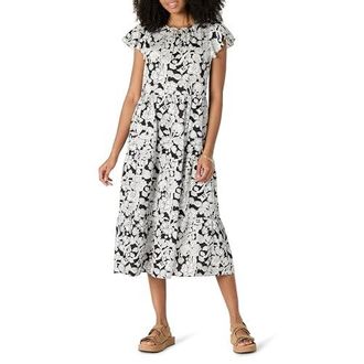 Amazon Essentials Robe Midi à Volants Décontractée à Col Rond en Satin de Coton Femme, Noir Ivoire Folk Floral, XXL
