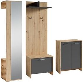 Byliving Garderoben-Set Ben/Flur Garderobe mit Spiegel/viel Stauraum / 4-teilig/Hochschrank/Wandpaneel/Sitzbank/Kommode (Artisan Eiche-Optik/Anthrazit)