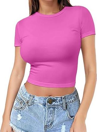 Generic Haut court &agrave; manches courtes et col rond extensible pour femme - T-shirt basique l&eacute;ger et doux pour l&eacute;t&eacute;, rose vif, XS