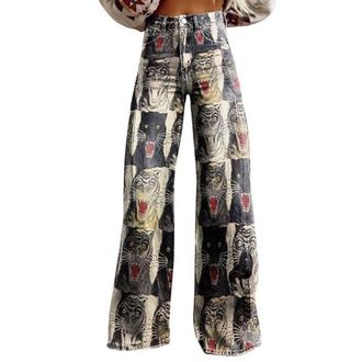 Generic Jean évasé pour femme avec poches - Imprimé floral vintage - Taille haute - Pantalon ample - Imprimé, 35, 5XL