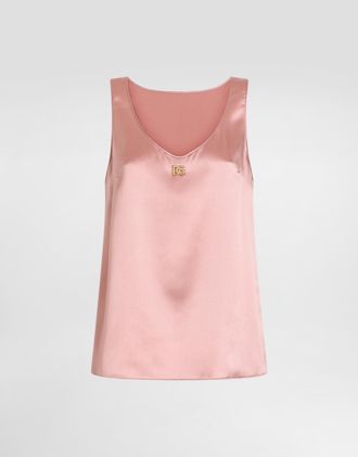 Dolce & Gabbana Satin Tank Top With Dg Logo Pin - Frau Blusen Und Tops Pink Seide 46