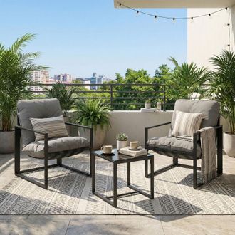 Songmics Ensemble Mobilier de Jardin 3 Places, avec Coussins Rembourr&eacute;s, Acier, pour Balcon, Terrasse, Gris