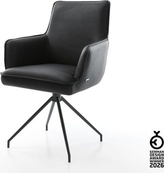 DELIFE Drehstuhl Heira-Flex mit Armlehnen Echt-Leder Schwarz Kreuzgestell konisch Schwarz 180&deg; drehbar Taschenfederkern, Esszimmerst&uuml;hle