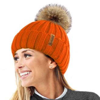 TOSKATOK Womens Winter-Rib Strickm&uuml;tze/Beanie mit abnehmbaren Chunky Faux Fur Bobble Pom Pom-ORANGE