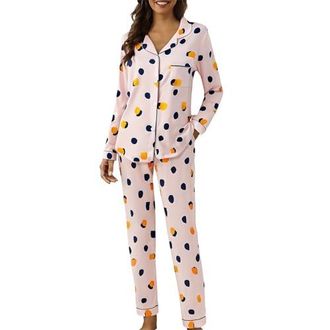 Generic Joli pyjama &agrave; manches longues pour femme, ensemble de pyjama en coton doux, ensemble de d&eacute;tente avec haut boutonn&eacute; et bas pleine longueur, v&ecirc;tements d