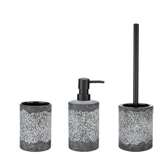 WENKO Bad-Accessoire Set Anfo Grau, 3-teilig, Bad Rundum-Set aus 390 ml Seifenspender, Zahnputzbecher und WC-Garnitur, Keramik/Edelstahl, Grau