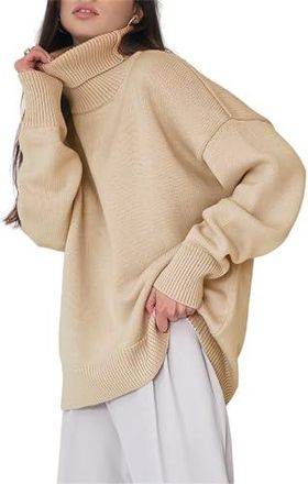 Generic Pull oversize &agrave; col roul&eacute; d&eacute;contract&eacute; et manches longues pour femme - Pull ample en tricot pour lautomne et lhiver, kaki, L