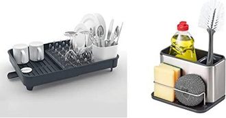 Joseph Joseph Extend - Egouttoir Vaisselle, Couverts, Biberons Extensible en INOX et Plastique - Gris & Surface - Rangement Evier, Support pour &Eacute;ponge, Brosse, Liqu