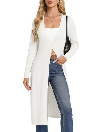 Grace Karin Cardigan long et l&eacute;ger pour femme avec col en V &eacute;l&eacute;gant et boutons, Blanc., L