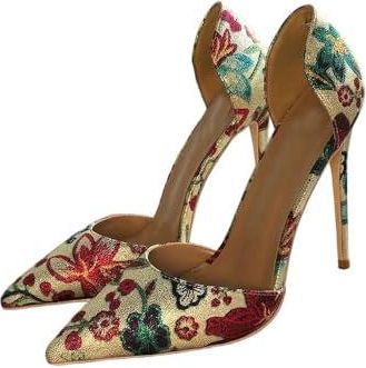 Generic YUJIEBB Chaussures de mari&eacute;e sexy &agrave; bout pointu pour femme Motif floral Dor&eacute; Taille 33-46, Talon dor&eacute; de 8 cm, 35.5 EU