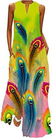 FNKDOR Robe Longue Femme Imprimé Floral Maxi Robe Bohème sans Manches Robe de Plage Grande Taille avec Poches (D Vert,XL)