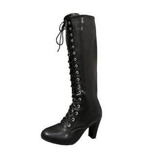 Generic Bottes hautes pour femme &agrave; talon bloc - &Eacute;l&eacute;gantes - Couleur unie - Style r&eacute;tro - &Agrave; lacets - Style classique - Confortables - Fermeture &eacute;clair lat&eacute;rale