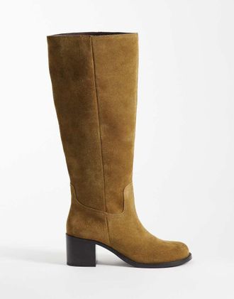 Asos Clyde Stiefel mit runder Zehenpartie zum Reinschl&uuml;pfen in olivfarbenem Wildleder bis zum Knie-Neutral
