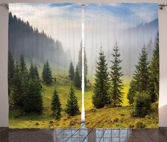 Abakuhaus Weiß Rustikaler Gardine, Grüne Bäume auf der Wiese, Schlafzimmer Kräuselband Vorhang mit Schlaufen und Haken, 280 x 175 cm, Weiß Grün